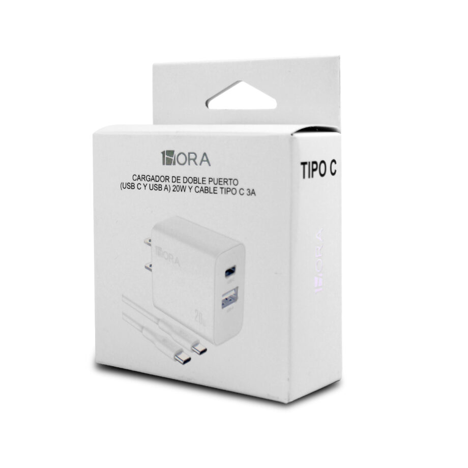 Cargador 1Hora Doble Puerto (USB-C y USB-A) Carga Rápida: Cubo de 20W con Cable Tipo C a USB-C ...