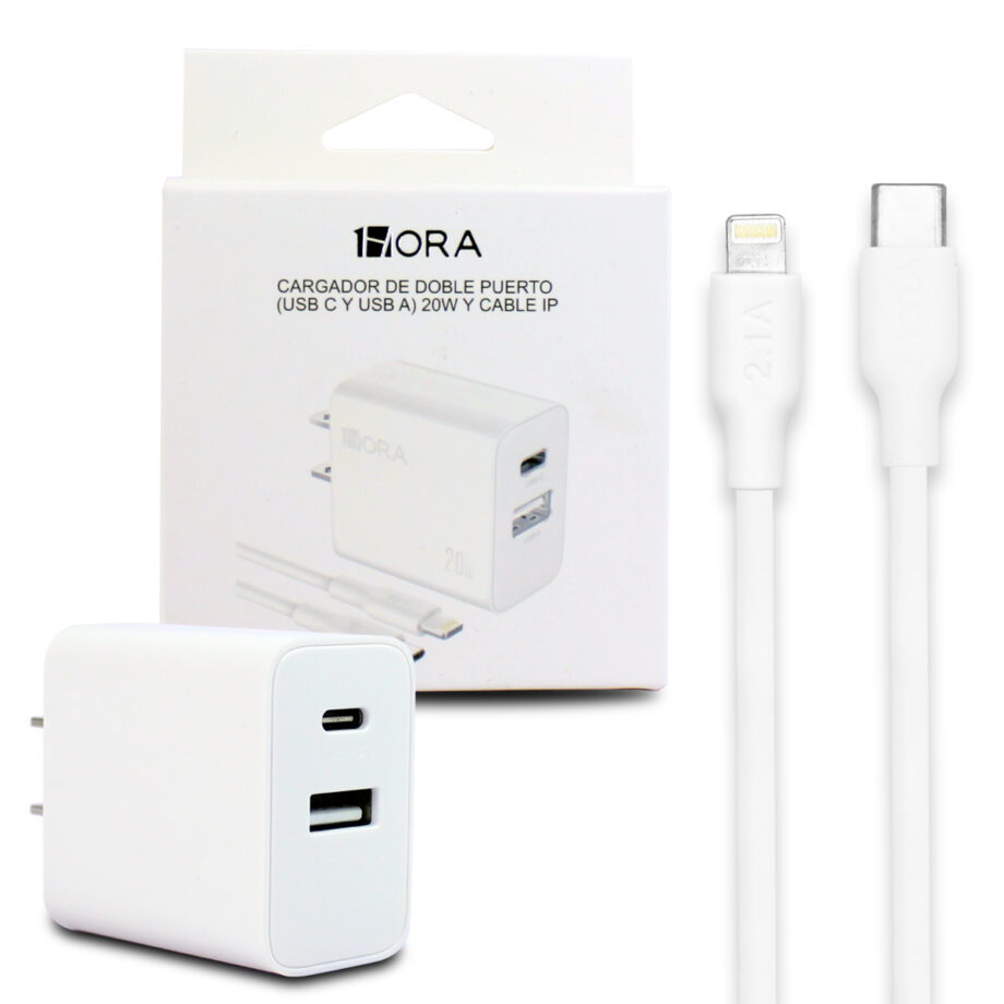 Cargador 1Hora Doble Puerto (USB-C y USB-A) Carga Rápida: Cubo de 20W ...